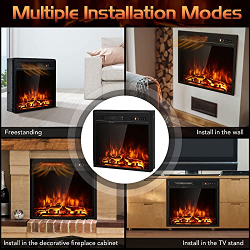 COSTWAY 18-Inch Electric Fireplace Inserts, 1500W Freestanding Recessed Fireplace Heater with Remote Control, Adjustable Flame Effect and Temperature, 9H Timer, Electric Fireplaces for Home Indoor Use