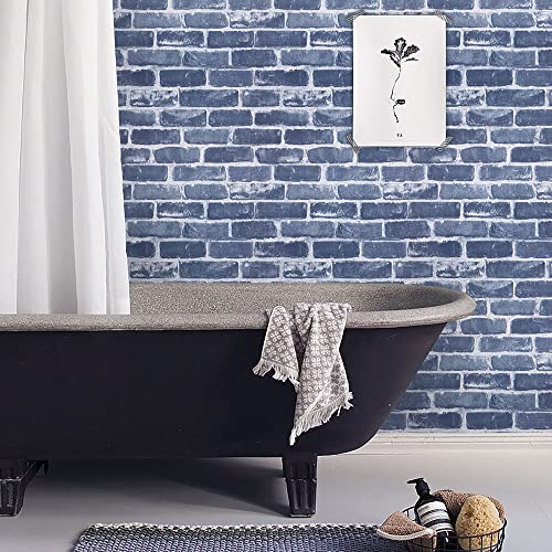 Timeet Blue Brick Wallpaper Peel and Stick Wallpaper 17.7" x 118.11" Self-Adhesive Removable Brick Textured Wallpaper Waterproof Backplash Living Room Wall Decor