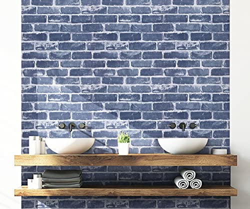 Timeet Blue Brick Wallpaper Peel and Stick Wallpaper 17.7" x 118.11" Self-Adhesive Removable Brick Textured Wallpaper Waterproof Backplash Living Room Wall Decor