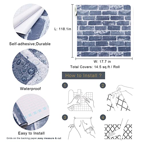 Timeet Blue Brick Wallpaper Peel and Stick Wallpaper 17.7" x 118.11" Self-Adhesive Removable Brick Textured Wallpaper Waterproof Backplash Living Room Wall Decor