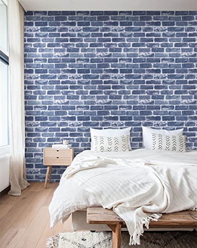 Timeet Blue Brick Wallpaper Peel and Stick Wallpaper 17.7" x 118.11" Self-Adhesive Removable Brick Textured Wallpaper Waterproof Backplash Living Room Wall Decor