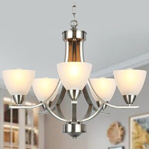 derksic 5-light modern chandelier contemporary chandeliers with alabaster glass shade dining room light fixtures for living room bedroom bathroom, brushed nickel