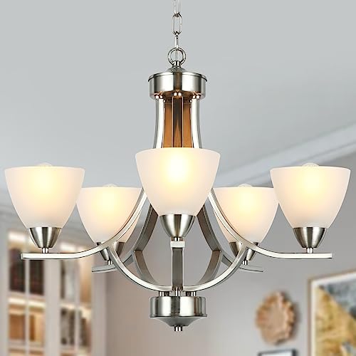 Derksic 5-Light Modern Chandelier Contemporary Chandeliers with Alabaster Glass Shade Dining Room Light Fixtures for Living Room Bedroom Bathroom, Brushed Nickel