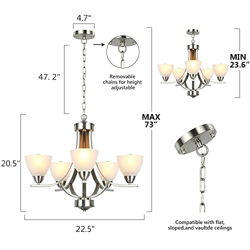 Derksic 5-Light Modern Chandelier Contemporary Chandeliers with Alabaster Glass Shade Dining Room Light Fixtures for Living Room Bedroom Bathroom, Brushed Nickel