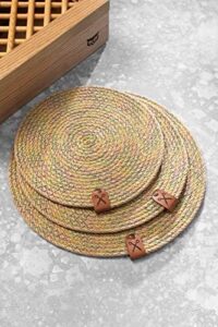 round natural jute rope set of 3 trivet mats pot holder hot pads plate holder coasters (greenish thread)