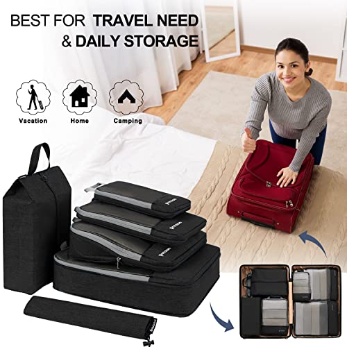 Amazon Brand - Pinzon Premium Packing Cubes, 6 Set Compression Packing Cubes with Laundry Bag & Shoe Bag Travel Expandable Packing Luggage Organizers Black