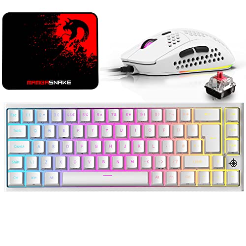 One 2 Mini 60% Wired Gaming Keyboard and Mouse Combo,Wired Chroma RGB Backlit+6400DPI Honeycomb Lightweight Mouse，Compact Anti-Ghosting Metal Panel WaterProof for PC Mac PS4 PS5 (White/Red Switch)