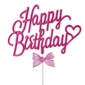 hot pink happy birthday cake topper plastic - 3d double sided happy birthday sign for cake with bow, idea for birthday cake decoration and birthday photo booth props (hot pink)