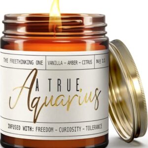 Aquarius Gifts for Women, Zodiac Gifts - A True Aquarius Soy Zodiac Candle, w/Vanilla, Amber & Citrus I Astrology Gifts for Women I 9oz Reusable Amber Glass Jar, 50 Hr Burn Time, Made in USA