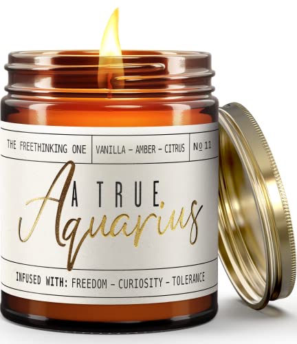 Aquarius Gifts for Women, Zodiac Gifts - A True Aquarius Soy Zodiac Candle, w/Vanilla, Amber & Citrus I Astrology Gifts for Women I 9oz Reusable Amber Glass Jar, 50 Hr Burn Time, Made in USA