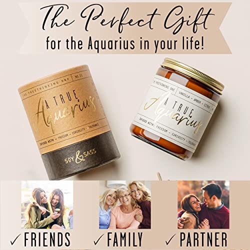 Aquarius Gifts for Women, Zodiac Gifts - A True Aquarius Soy Zodiac Candle, w/Vanilla, Amber & Citrus I Astrology Gifts for Women I 9oz Reusable Amber Glass Jar, 50 Hr Burn Time, Made in USA