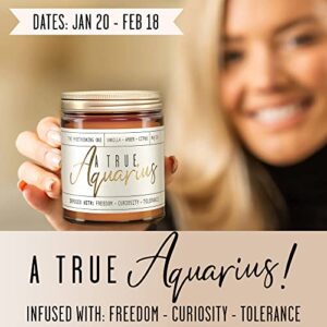 Aquarius Gifts for Women, Zodiac Gifts - A True Aquarius Soy Zodiac Candle, w/Vanilla, Amber & Citrus I Astrology Gifts for Women I 9oz Reusable Amber Glass Jar, 50 Hr Burn Time, Made in USA