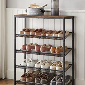 VASAGLE Shoe Rack for Entryway, 5 Tier Shoe Storage Shelves, 16-20 Pairs Shoe Organizer, with Sturdy Wooden Top and Steel Frame, Free Standing, Industrial, Rustic Brown and Black ULBS038B01