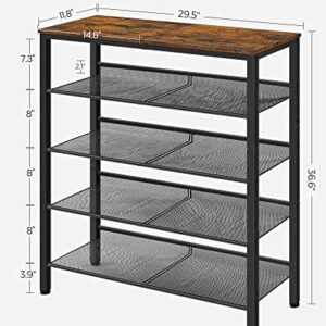 VASAGLE Shoe Rack for Entryway, 5 Tier Shoe Storage Shelves, 16-20 Pairs Shoe Organizer, with Sturdy Wooden Top and Steel Frame, Free Standing, Industrial, Rustic Brown and Black ULBS038B01