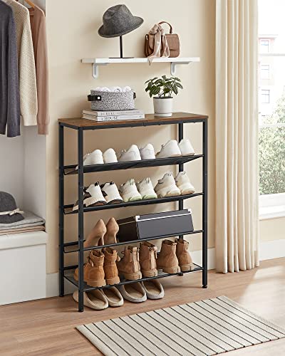 VASAGLE Shoe Rack for Entryway, 5 Tier Shoe Storage Shelves, 16-20 Pairs Shoe Organizer, with Sturdy Wooden Top and Steel Frame, Free Standing, Industrial, Rustic Brown and Black ULBS038B01