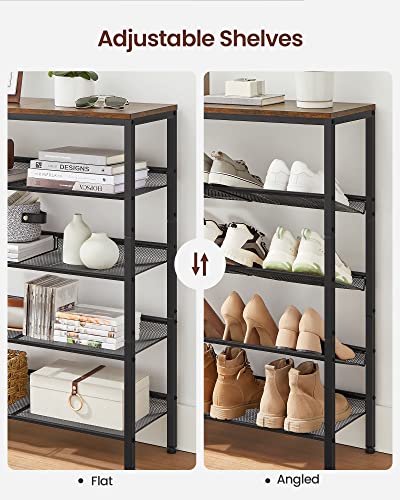 VASAGLE Shoe Rack for Entryway, 5 Tier Shoe Storage Shelves, 16-20 Pairs Shoe Organizer, with Sturdy Wooden Top and Steel Frame, Free Standing, Industrial, Rustic Brown and Black ULBS038B01