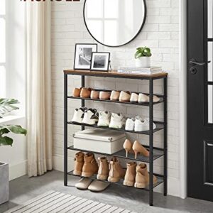 VASAGLE Shoe Rack for Entryway, 5 Tier Shoe Storage Shelves, 16-20 Pairs Shoe Organizer, with Sturdy Wooden Top and Steel Frame, Free Standing, Industrial, Rustic Brown and Black ULBS038B01