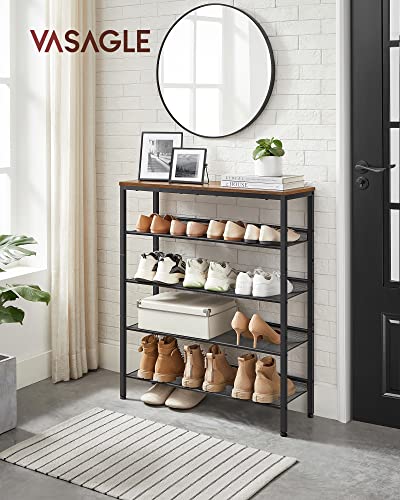 VASAGLE Shoe Rack for Entryway, 5 Tier Shoe Storage Shelves, 16-20 Pairs Shoe Organizer, with Sturdy Wooden Top and Steel Frame, Free Standing, Industrial, Rustic Brown and Black ULBS038B01