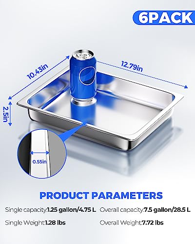 WantJoin 1/2 Half Size Steam Table Pans, 6-Pack 2.5 Inch Deep Restaurant Steam Table Pans Commercial, Hotel Pan Made of 201 Gauge Stainless Steel