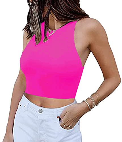 Artfish Women's Sleeveless Cropped Shirts High Neck Stretchy Fitted Basic Crop Tank Top (Hot Pink, XS)