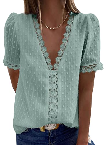 Dokotoo Women's Summer Lace V-Neck Flowy Short Sleeve Casual Loose Tunic Top - Light Green, L