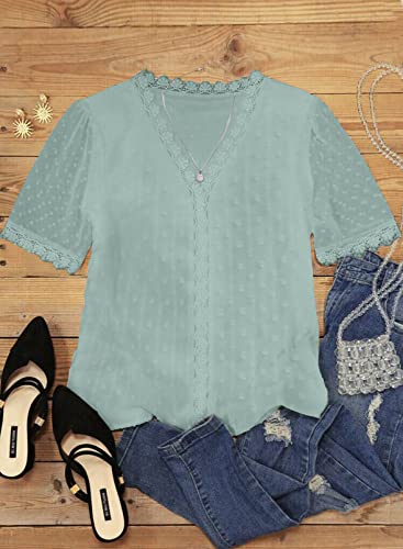 Dokotoo Women's Summer Lace V-Neck Flowy Short Sleeve Casual Loose Tunic Top - Light Green, L