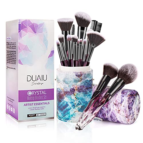 DUAIU Makeup Brushes 15pcs Premium Synthetic Bristles Crystal Handle Set Kabuki Foundation Brush Face Lip Eye Makeup Brush Sets Professional with Starry Gift Box（Purple)