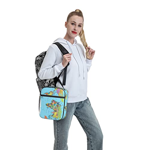 Hcokrzt Lunch Box Reusable Insulation Lunch Bag World Map Ice Packs Containers Tote Handbag For Women Men Teens Girls