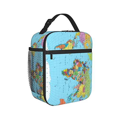 Hcokrzt Lunch Box Reusable Insulation Lunch Bag World Map Ice Packs Containers Tote Handbag For Women Men Teens Girls