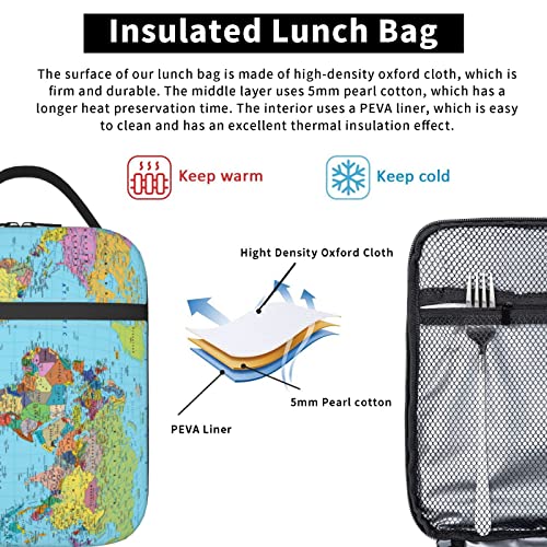 Hcokrzt Lunch Box Reusable Insulation Lunch Bag World Map Ice Packs Containers Tote Handbag For Women Men Teens Girls