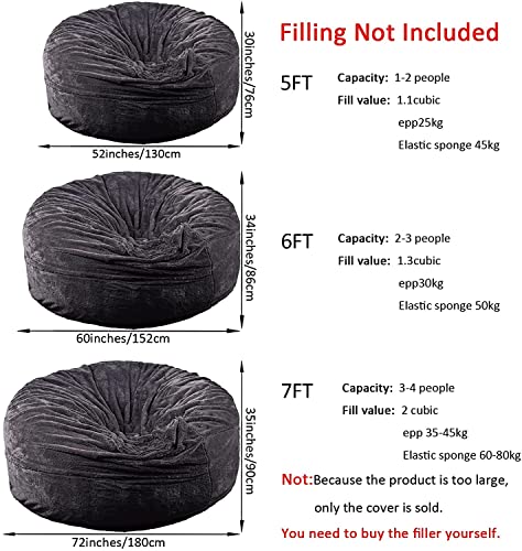 5FT Giant Fur Bean Bag Chair for Adult Living Room Furniture Big Round Soft Fluffy Faux Fur BeanBag Lazy Sofa Cover (it was only a Cover, not a Full Bean Bag)