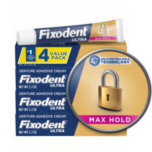 fixodent ultra max hold secure denture adhesive cream for full and partial denture wearers, 2.2oz (pack of 4)