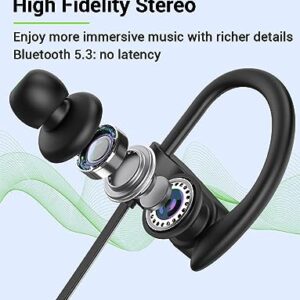 Stiive Bluetooth Headphones, 5.3 Wireless Sports Earbuds IPX7 Waterproof with Mic, Stereo Sweatproof in-Ear Earphones, Noise Cancelling Headsets for Gym Running Workout, 16 Hours Playtime - BlackGrey