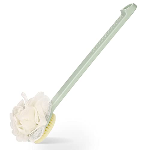 IMAVO Shower Body Brush,Dual-Sided Bath Brush with Bristles and Loofah,Long Handle Back Scrubber for Shower,Anti Slip Back Washer for Skin Exfoliating,Suitable for Wet or Dry Brushing(Green)