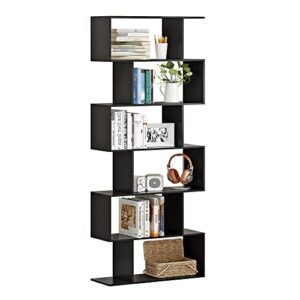 function home geometric bookcase wood, s shaped bookshelf 6-tier, modern freestanding multifunctional decorative storage shelving display shelves, black book shelf tall narrow for bedroom living room