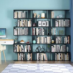 Function Home Geometric Bookcase Wood, S Shaped Bookshelf 6-Tier, Modern Freestanding Multifunctional Decorative Storage Shelving Display Shelves, Black Book Shelf Tall Narrow for Bedroom Living Room