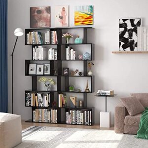 Function Home Geometric Bookcase Wood, S Shaped Bookshelf 6-Tier, Modern Freestanding Multifunctional Decorative Storage Shelving Display Shelves, Black Book Shelf Tall Narrow for Bedroom Living Room