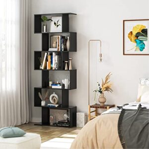 Function Home Geometric Bookcase Wood, S Shaped Bookshelf 6-Tier, Modern Freestanding Multifunctional Decorative Storage Shelving Display Shelves, Black Book Shelf Tall Narrow for Bedroom Living Room