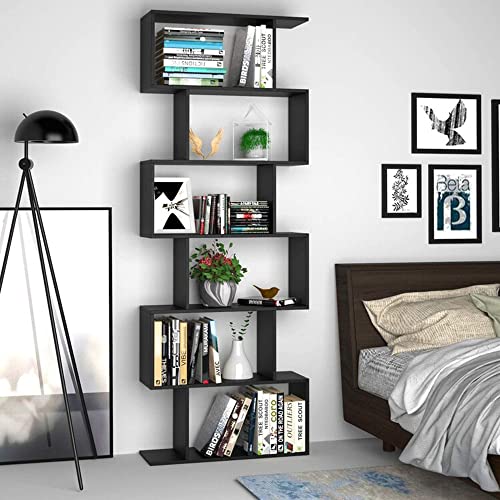 Function Home Geometric Bookcase Wood, S Shaped Bookshelf 6-Tier, Modern Freestanding Multifunctional Decorative Storage Shelving Display Shelves, Black Book Shelf Tall Narrow for Bedroom Living Room