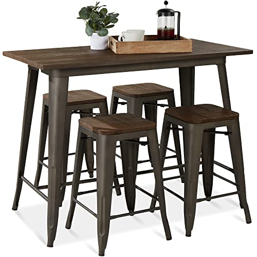 Best Choice Products 5-Piece Dining Set, Counter Height Rustic Industrial Table and 4 Backless Stool for Kitchen, Dining Room, Easy Assembly, 330lb Capacity - Brown