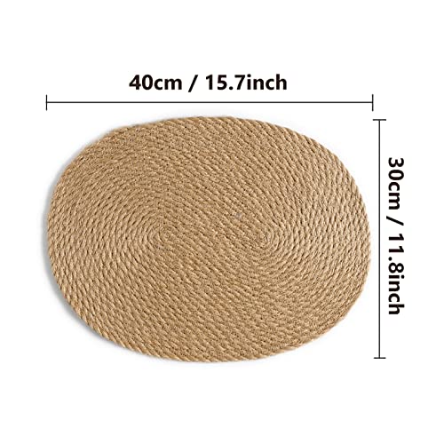 Placemat RENRUIRUI Oval Jute Set of 4,Handmade Braided Place Mat Heat Resistant Rustic Table Mat Trivet, for Dining Table or Countertop Protection,15.7 X11.8 Inch