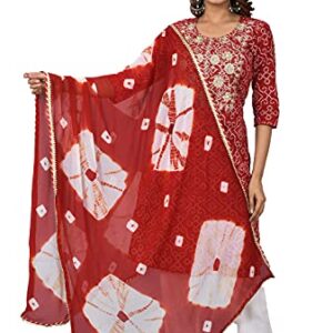 Vrnda Women's Cotton Straight Bandhej Printed kurta With Yoke Embroidery Red Kurti with White Pant and printed Dupatta Set (L)