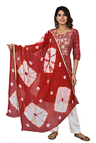 Vrnda Women's Cotton Straight Bandhej Printed kurta With Yoke Embroidery Red Kurti with White Pant and printed Dupatta Set (L)