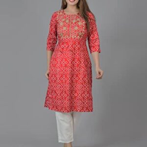 Vrnda Women's Cotton Straight Bandhej Printed kurta With Yoke Embroidery Red Kurti with White Pant and printed Dupatta Set (L)