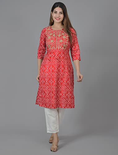 Vrnda Women's Cotton Straight Bandhej Printed kurta With Yoke Embroidery Red Kurti with White Pant and printed Dupatta Set (L)