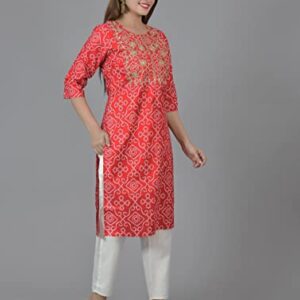 Vrnda Women's Cotton Straight Bandhej Printed kurta With Yoke Embroidery Red Kurti with White Pant and printed Dupatta Set (L)