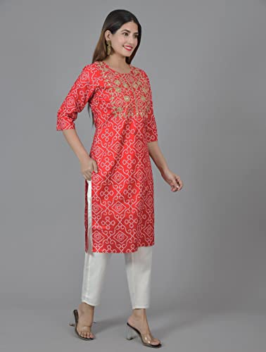 Vrnda Women's Cotton Straight Bandhej Printed kurta With Yoke Embroidery Red Kurti with White Pant and printed Dupatta Set (L)