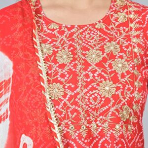 Vrnda Women's Cotton Straight Bandhej Printed kurta With Yoke Embroidery Red Kurti with White Pant and printed Dupatta Set (L)