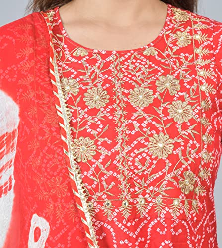 Vrnda Women's Cotton Straight Bandhej Printed kurta With Yoke Embroidery Red Kurti with White Pant and printed Dupatta Set (L)