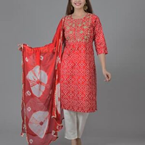 Vrnda Women's Cotton Straight Bandhej Printed kurta With Yoke Embroidery Red Kurti with White Pant and printed Dupatta Set (L)